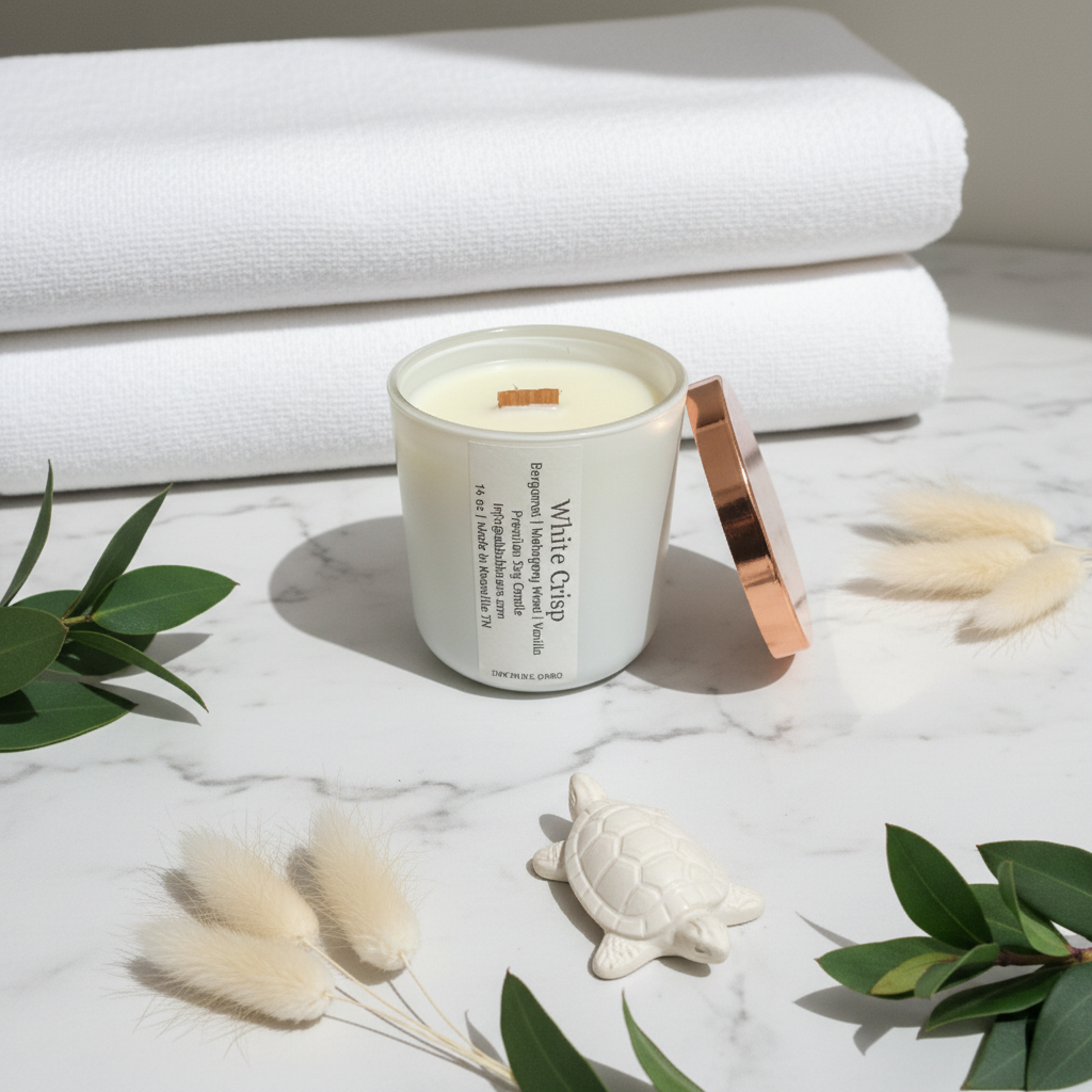 White Crisp Candle | Handcrafted Wood Wick Candle | OB&B Skincare